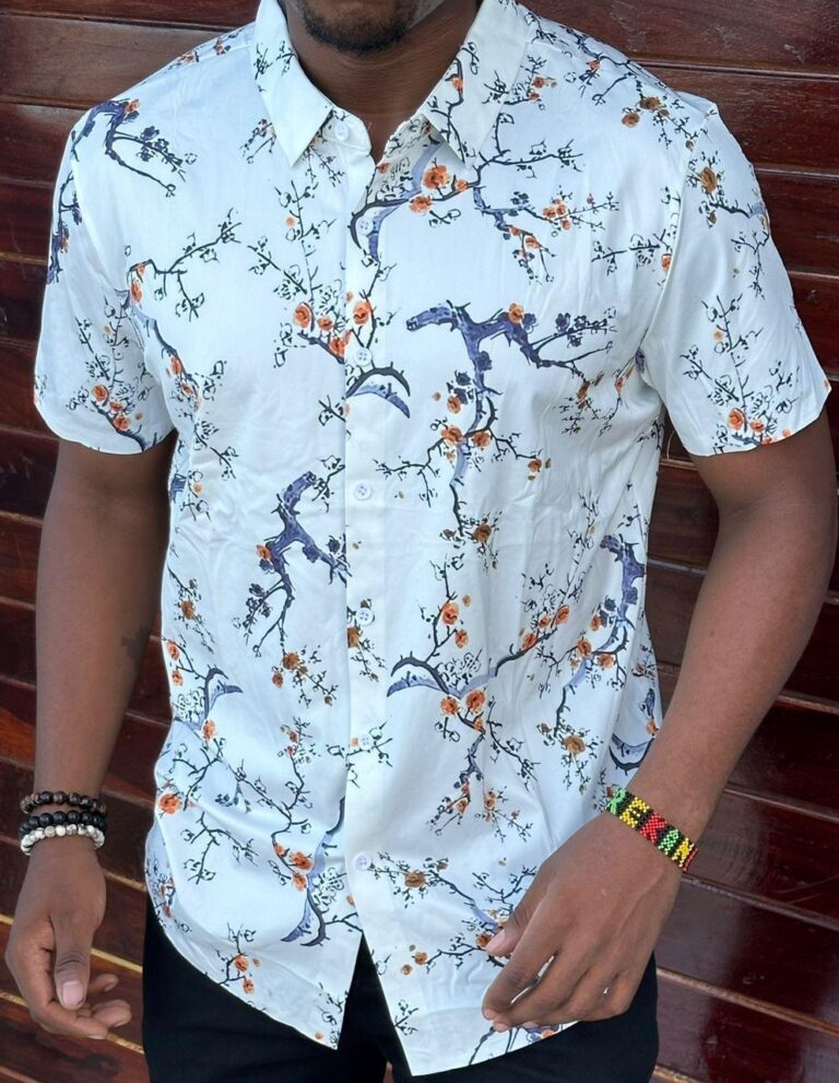 Men’s Silky Strech Floral Shirt – White Pattern - Ricky Gift Shop